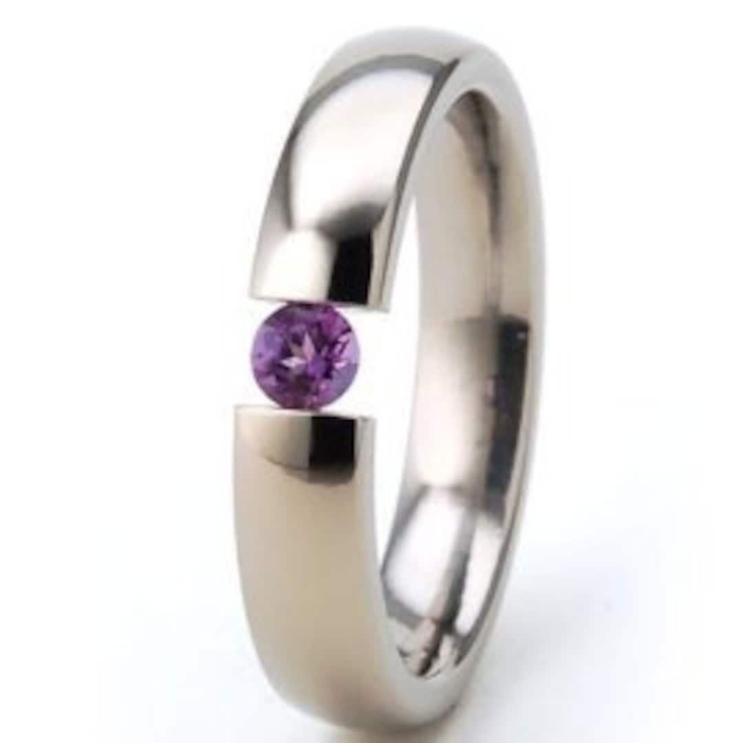 4mm Titanium Tension Set Ring, Natural Amethyst Rings, Modern Ring 4.5 ...