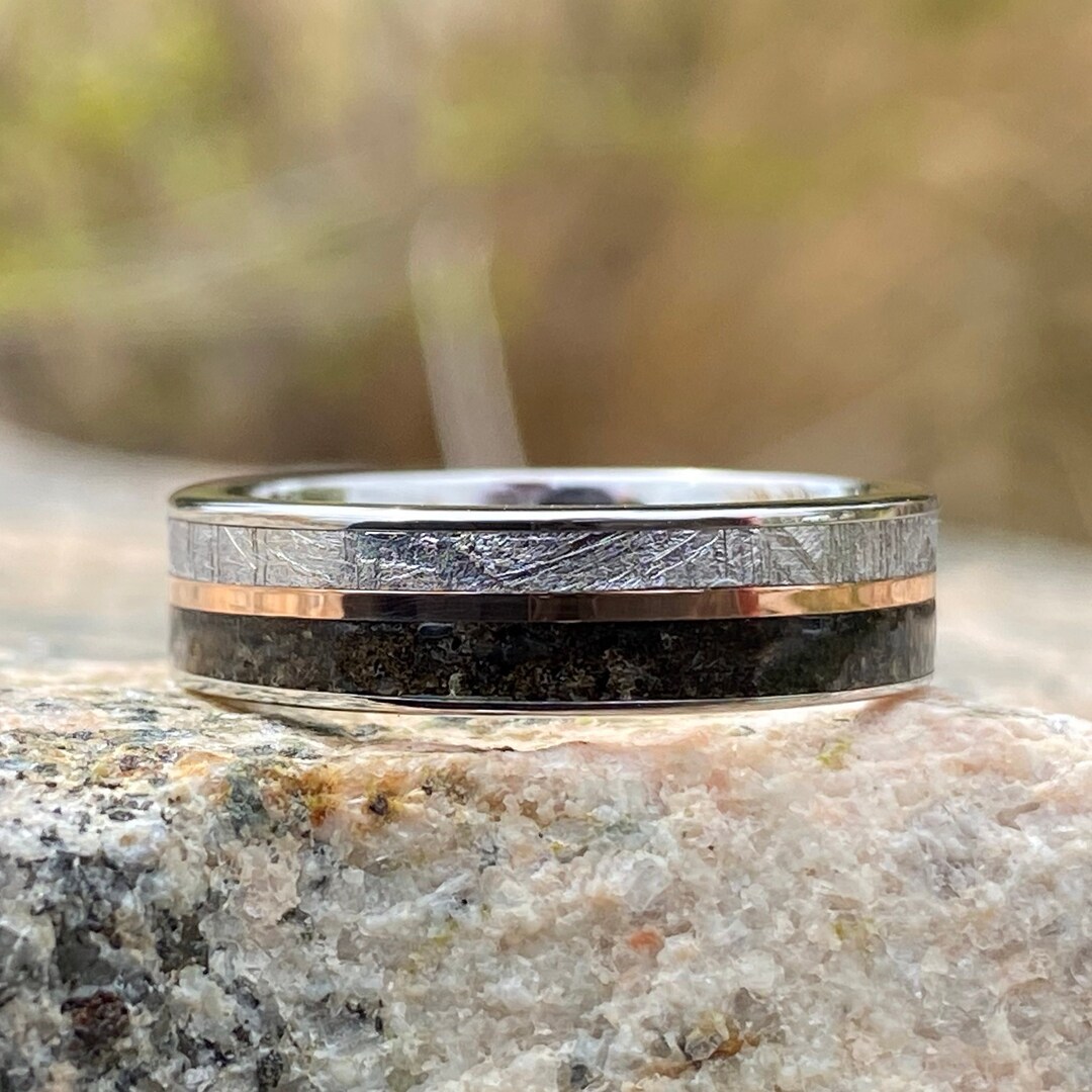 Handmade Meteorite Ring, 14k Rose Gold & Dinosaur Fossil Inlay, 5mm ...