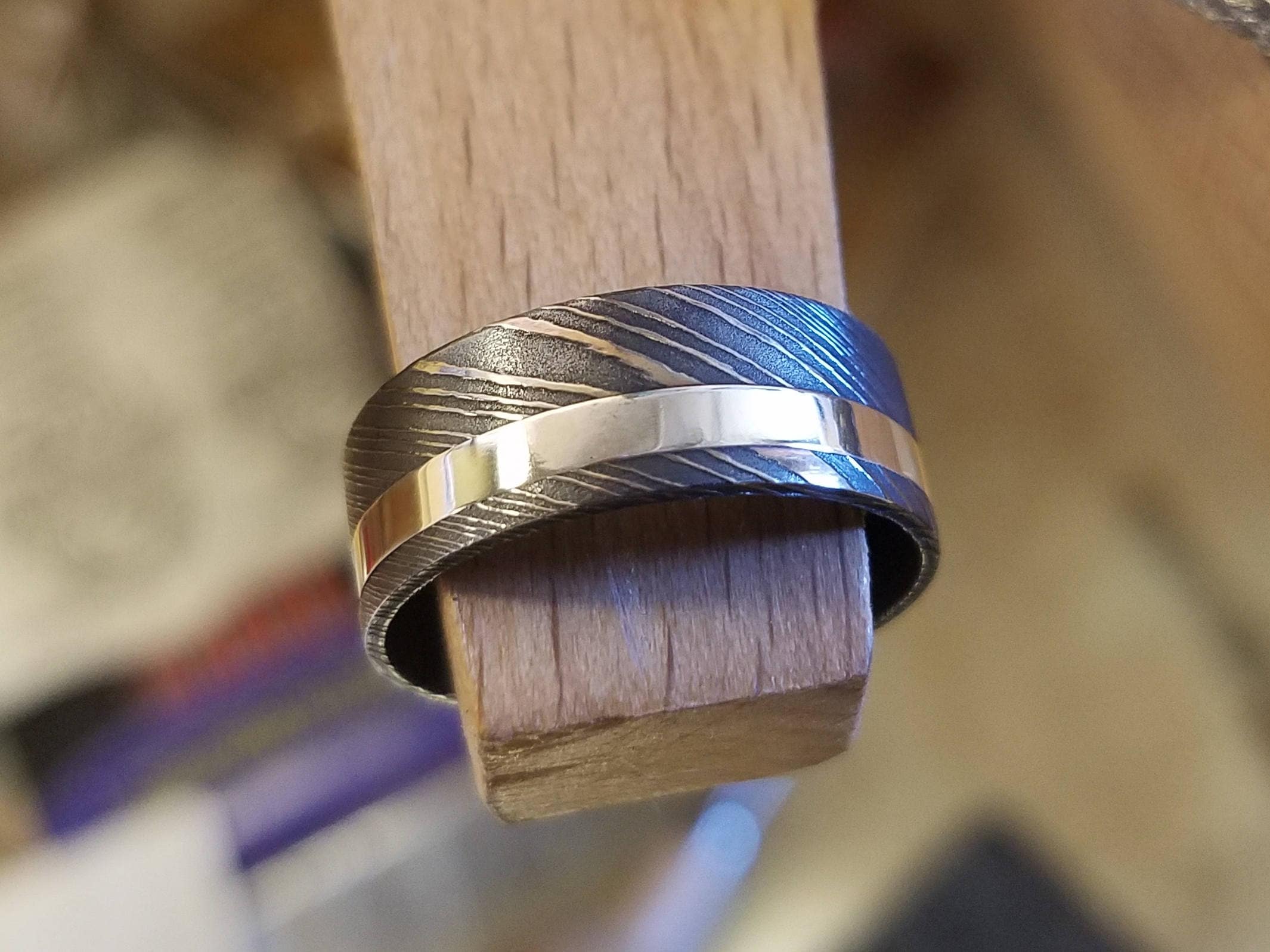 New 7mm Wide Damascus Ring with Silver Inlay | Etsy
