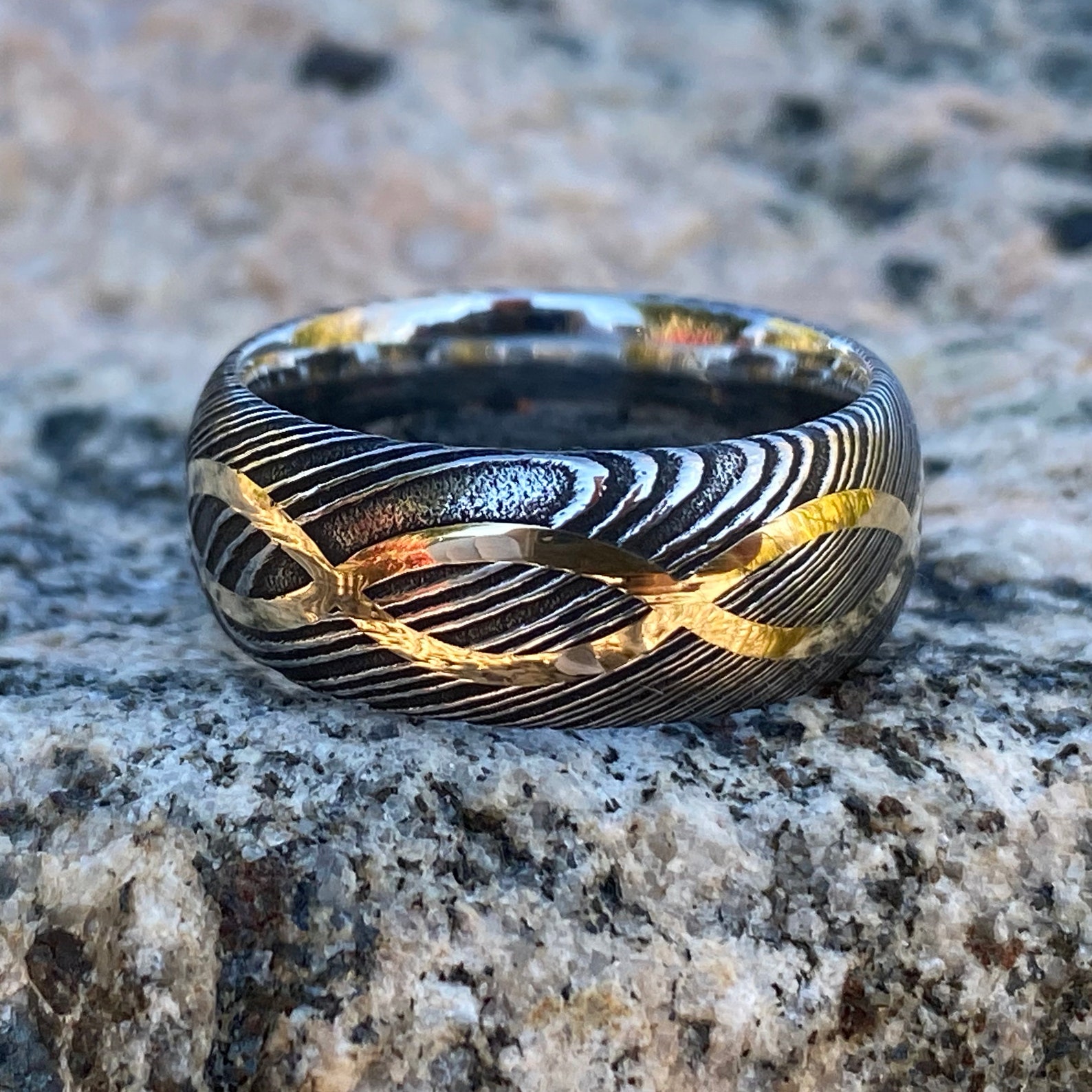 Damascus Ring 14k Yellow Gold Inlay Damascus Steel Wedding | Etsy