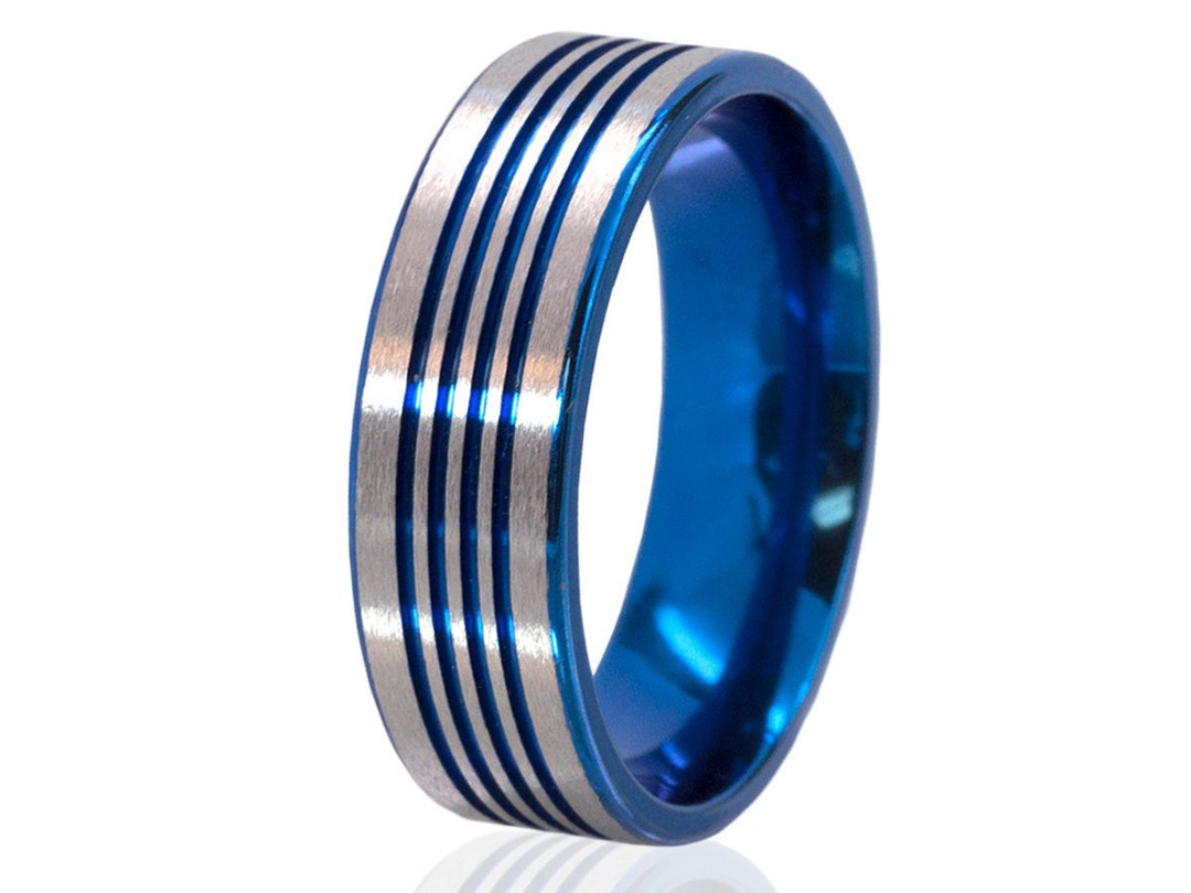 Titanium Ring, Blue Anodized 7mm Grooved Comfort Fit Men’s Wedding Band ...