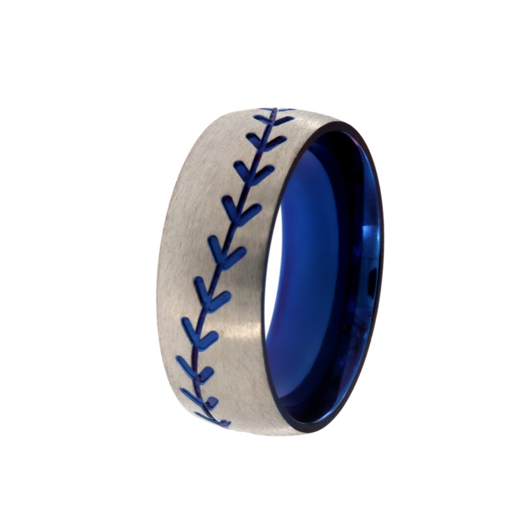 Titanium Ring, Blue Anodized Baseball Design, Unique Sports Wedding ...
