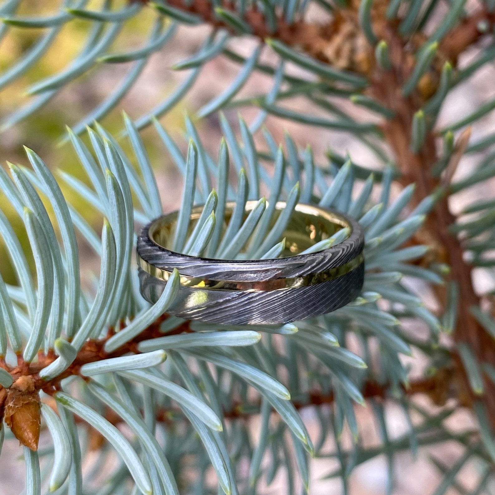 Damascus Ring 14k Gold Inlay & Sleeve Damascus Steel Wedding | Etsy