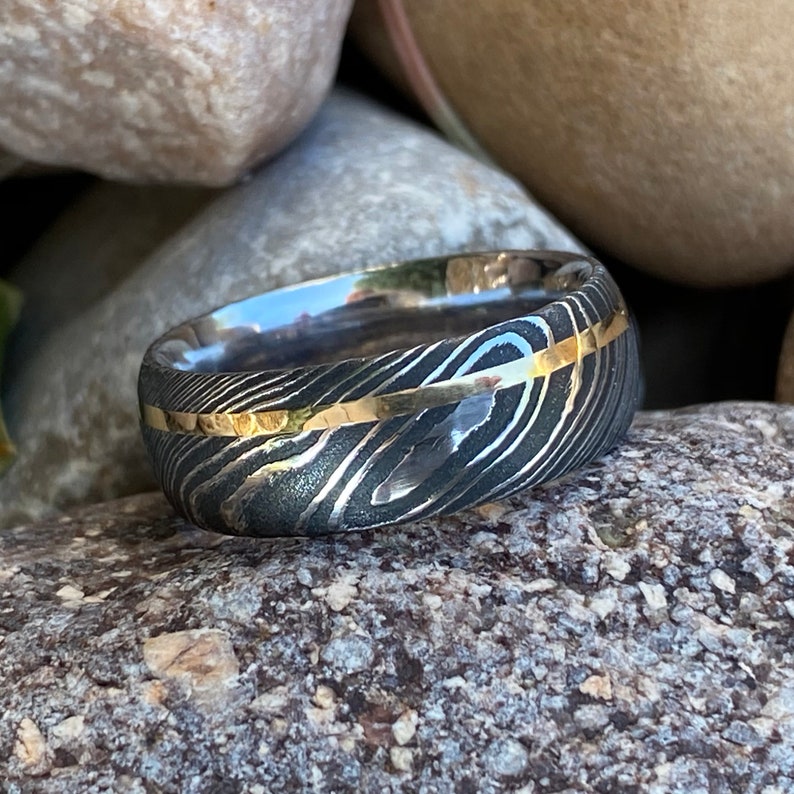 Damascus Ring 14k Yellow Gold Inlay Damascus Steel Wedding - Etsy