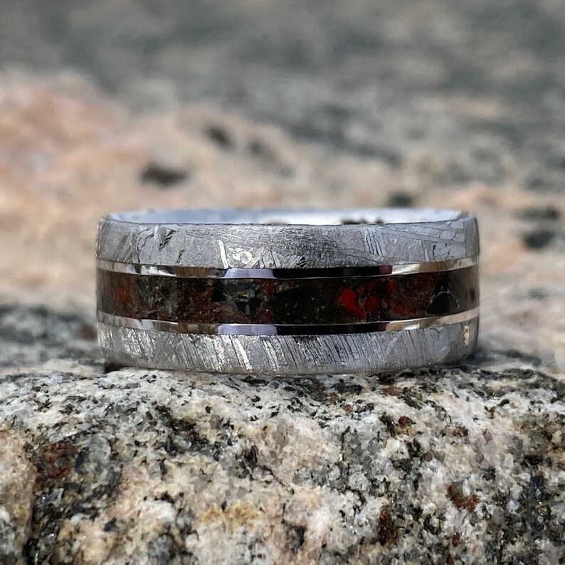 Meteorite Ring Wedding Band W/ Dinosaur Bone and Obsidian | Etsy