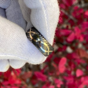 Damascus Ring 14k Yellow Gold Inlay Damascus Steel Wedding Band ...