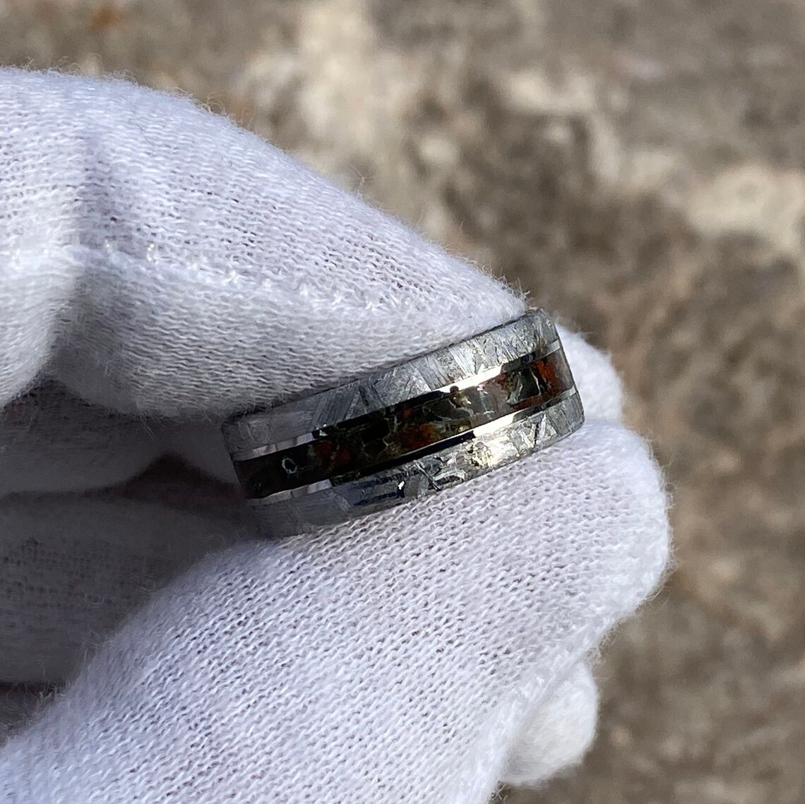 Meteorite Ring Wedding Band w/ Dinosaur Bone And Obsidian | Etsy