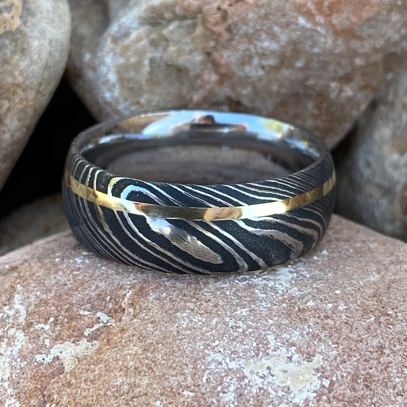 Damascus Ring 14k Yellow Gold Inlay Damascus Steel Wedding - Etsy