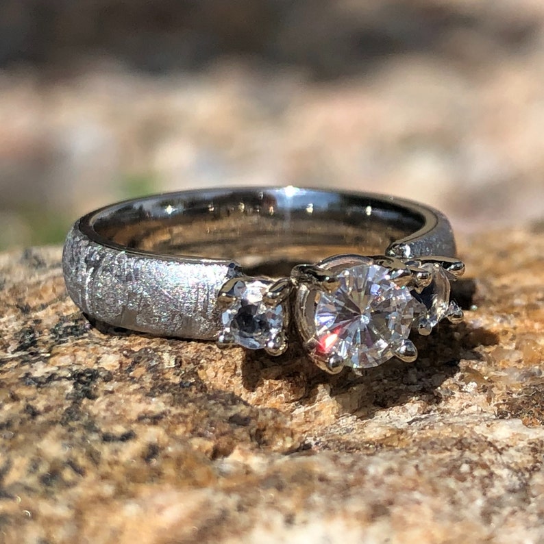 Authentic Gibeon Meteorite Engagement Ring With Moissanite & Moonstones ...