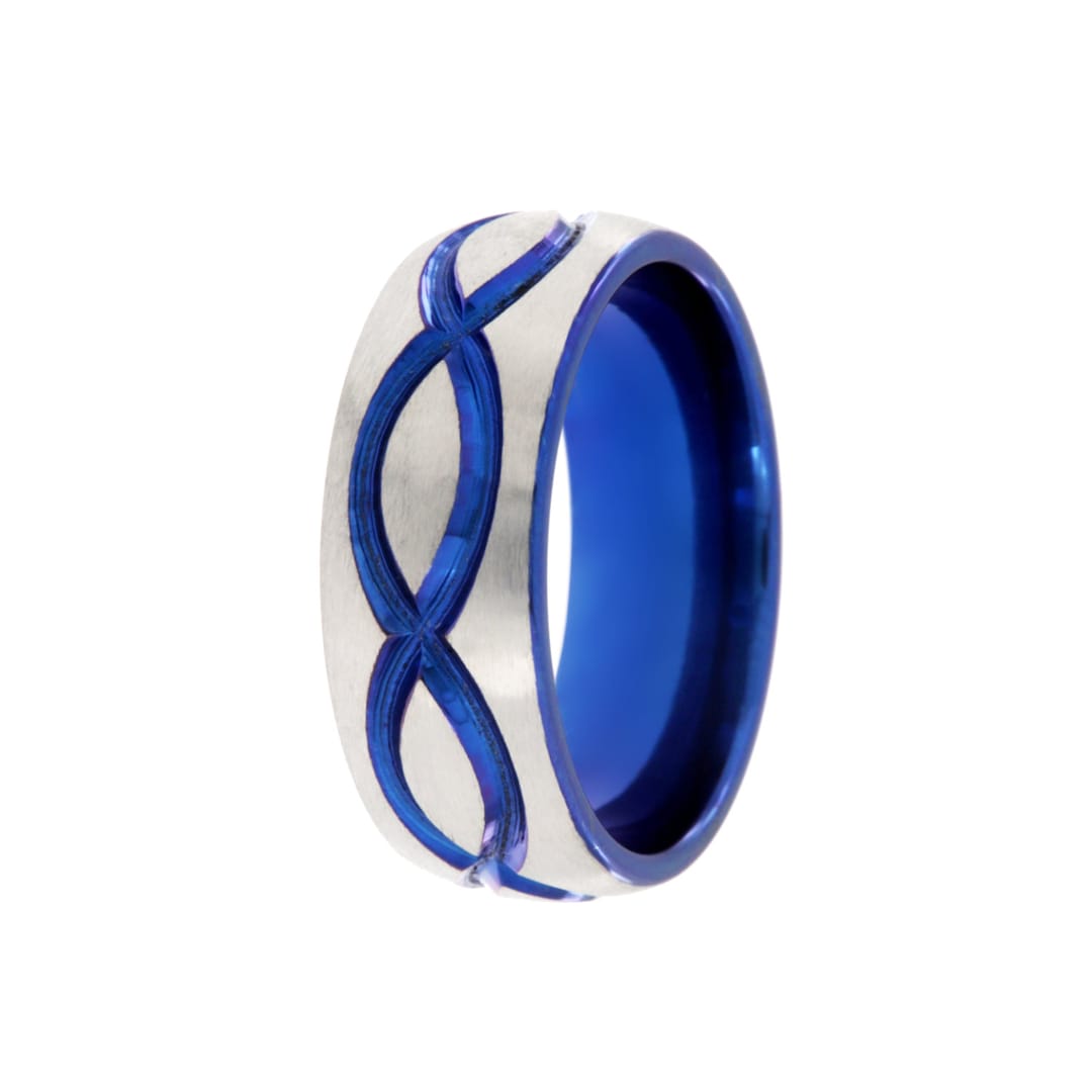 Titanium Infinity Ring, Blue Anodized Carved Design, Unique Stone ...
