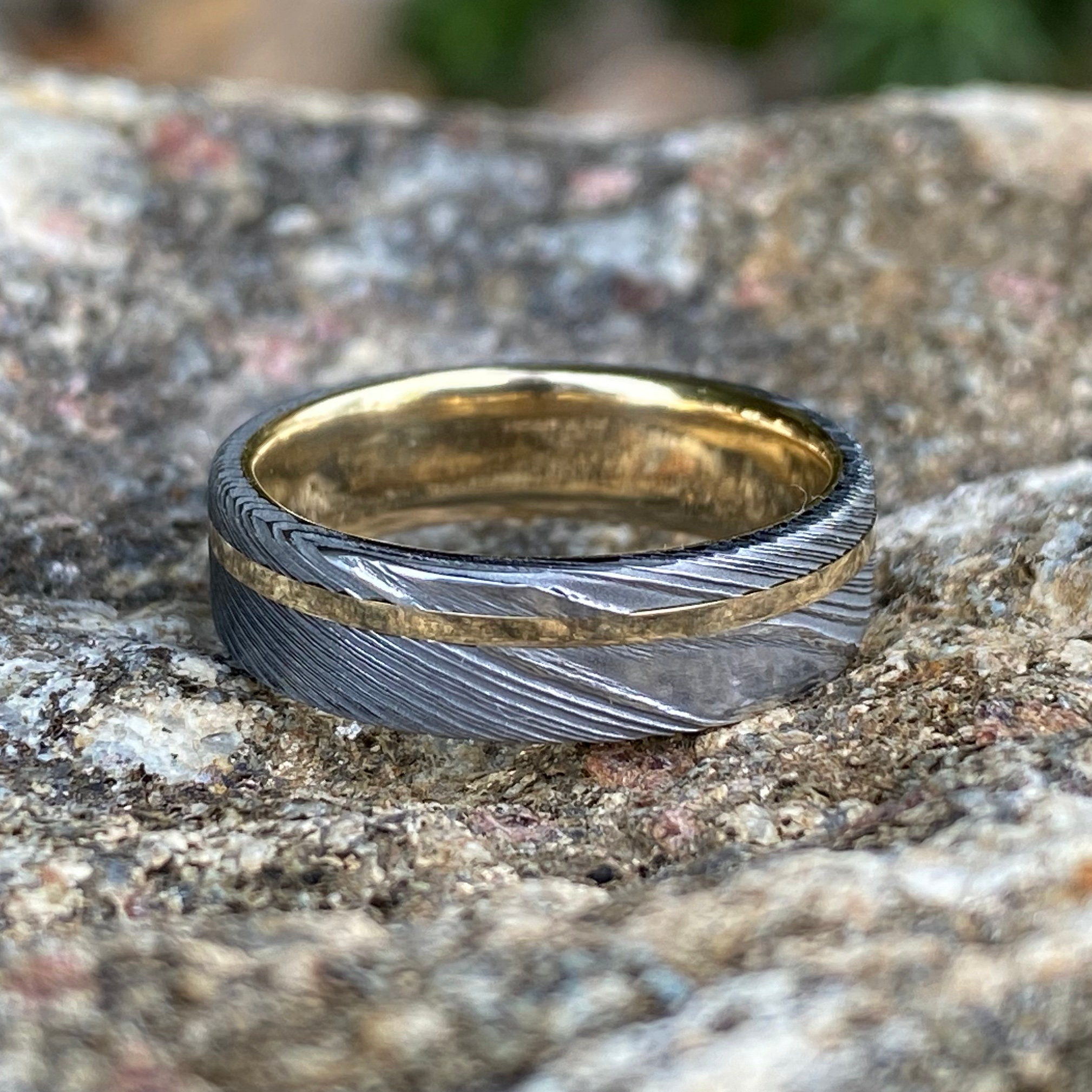 Damascus Ring 14k Gold Inlay & Sleeve Damascus Steel Wedding | Etsy