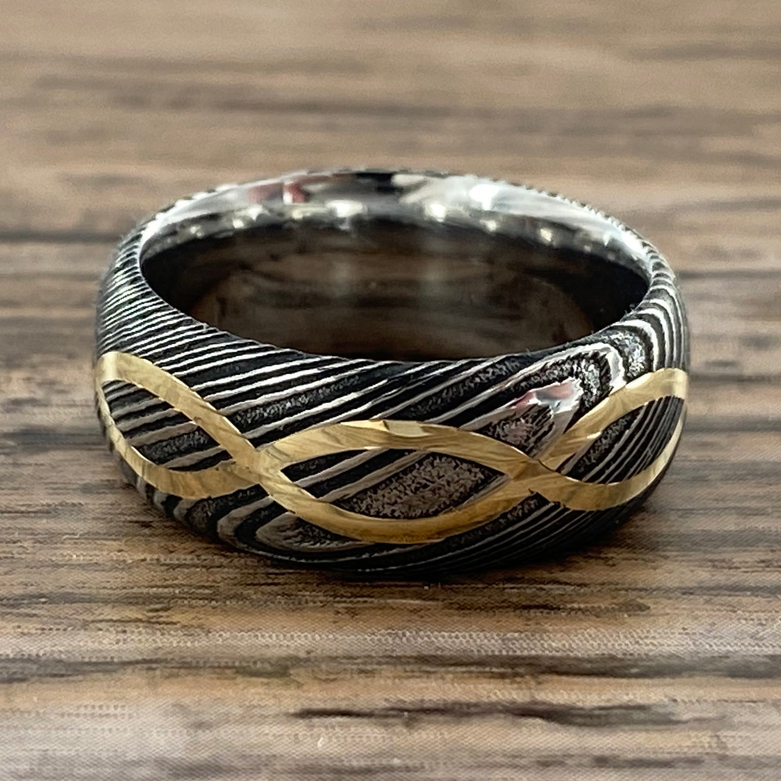 Damascus Ring 14k Yellow Gold Inlay Damascus Steel Wedding | Etsy