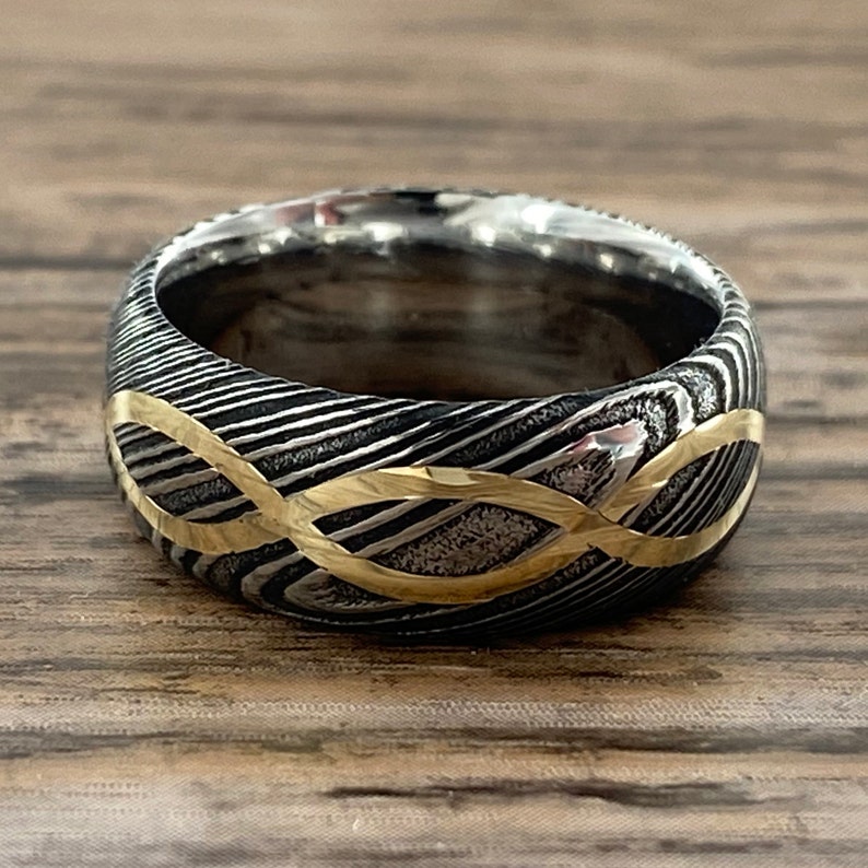 Damascus Ring 14k Yellow Gold Inlay Damascus Steel Wedding Band ...