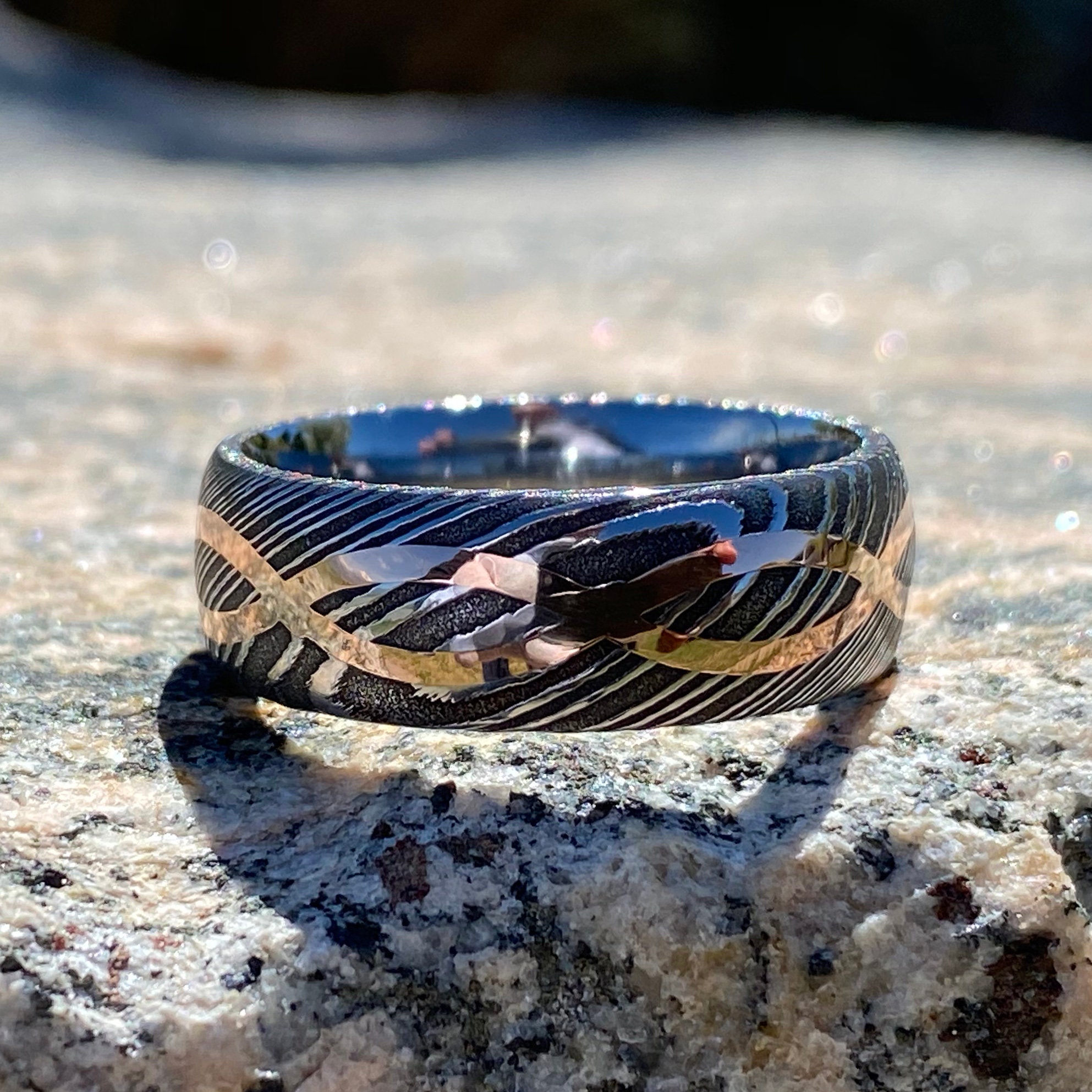 Damascus Ring 14k Rose Gold Inlay Damascus Steel Wedding Band | Etsy