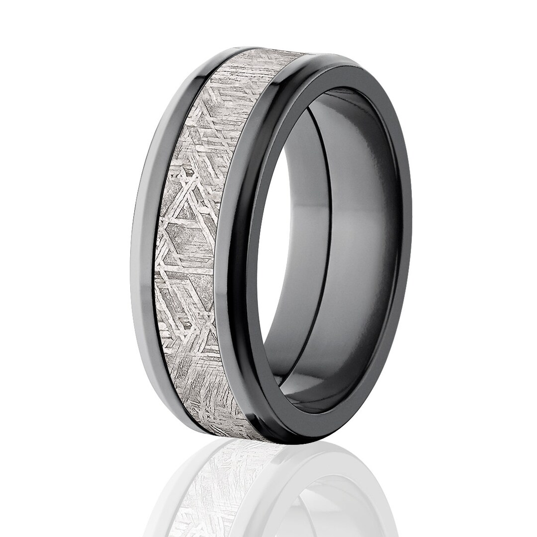 Black Zirconium Meteorite Wedding Band, Beveled 8mm Men’s Comfort Fit ...