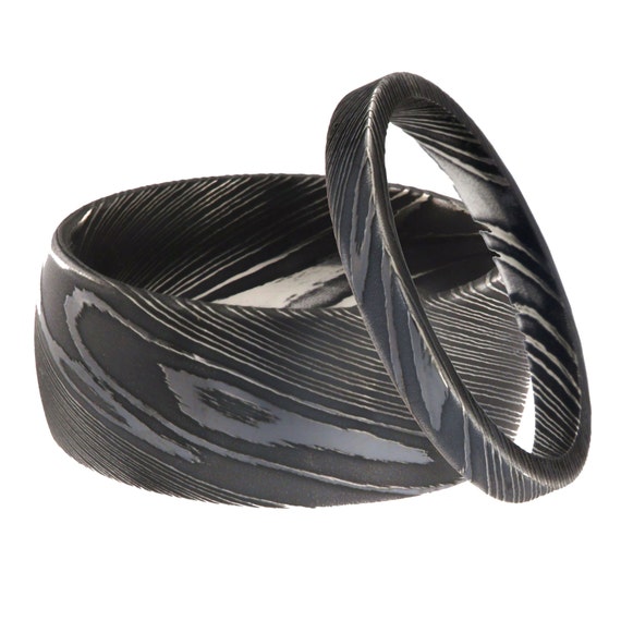 New 10mm and 3mm Wide Matching Damascus Steel Ring Set | Etsy