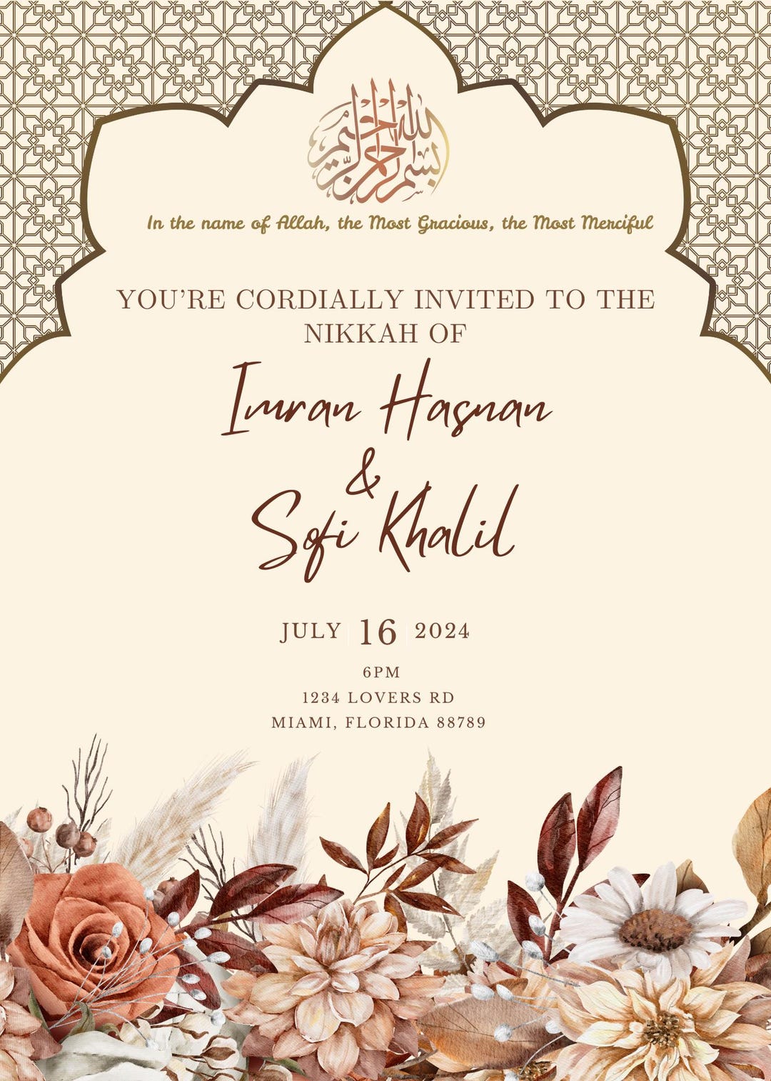 Digital Islamic Nikkah Invitation Elegant Floral Design Customizable ...