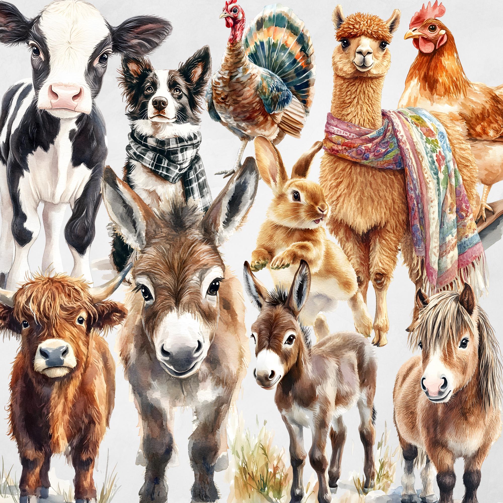 Farmyard Friends Clipart Bundle - Watercolor Barn Animals, Cute Farm Animals PNG, Country Farm ...