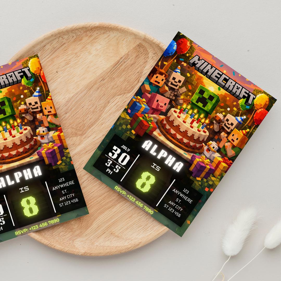 Editable Pixel Block Gamer Birthday Invitation Template Kids Gaming ...