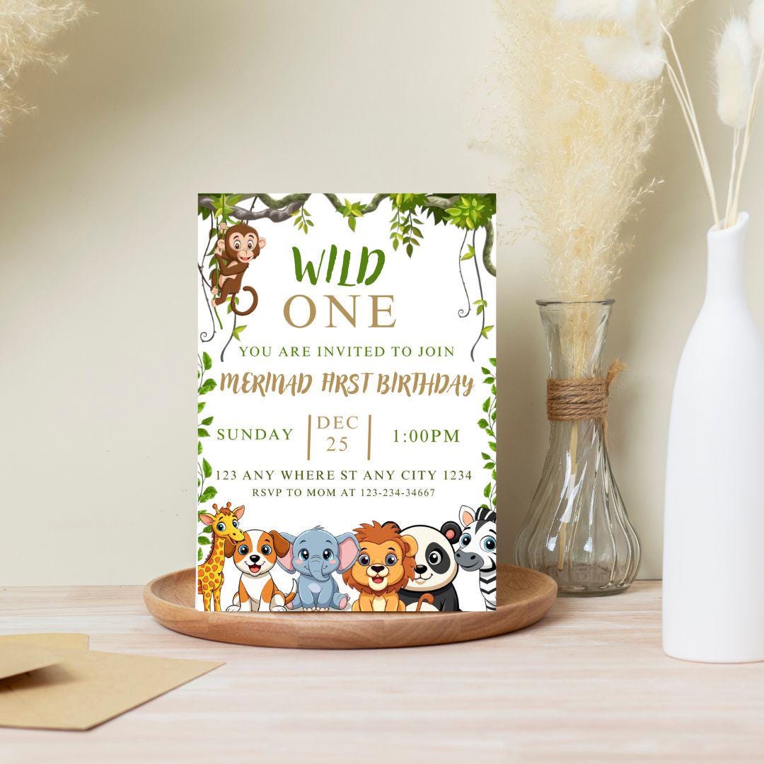 Editable Safari First Birthday Invitation Jungle Animal Wild One Party ...