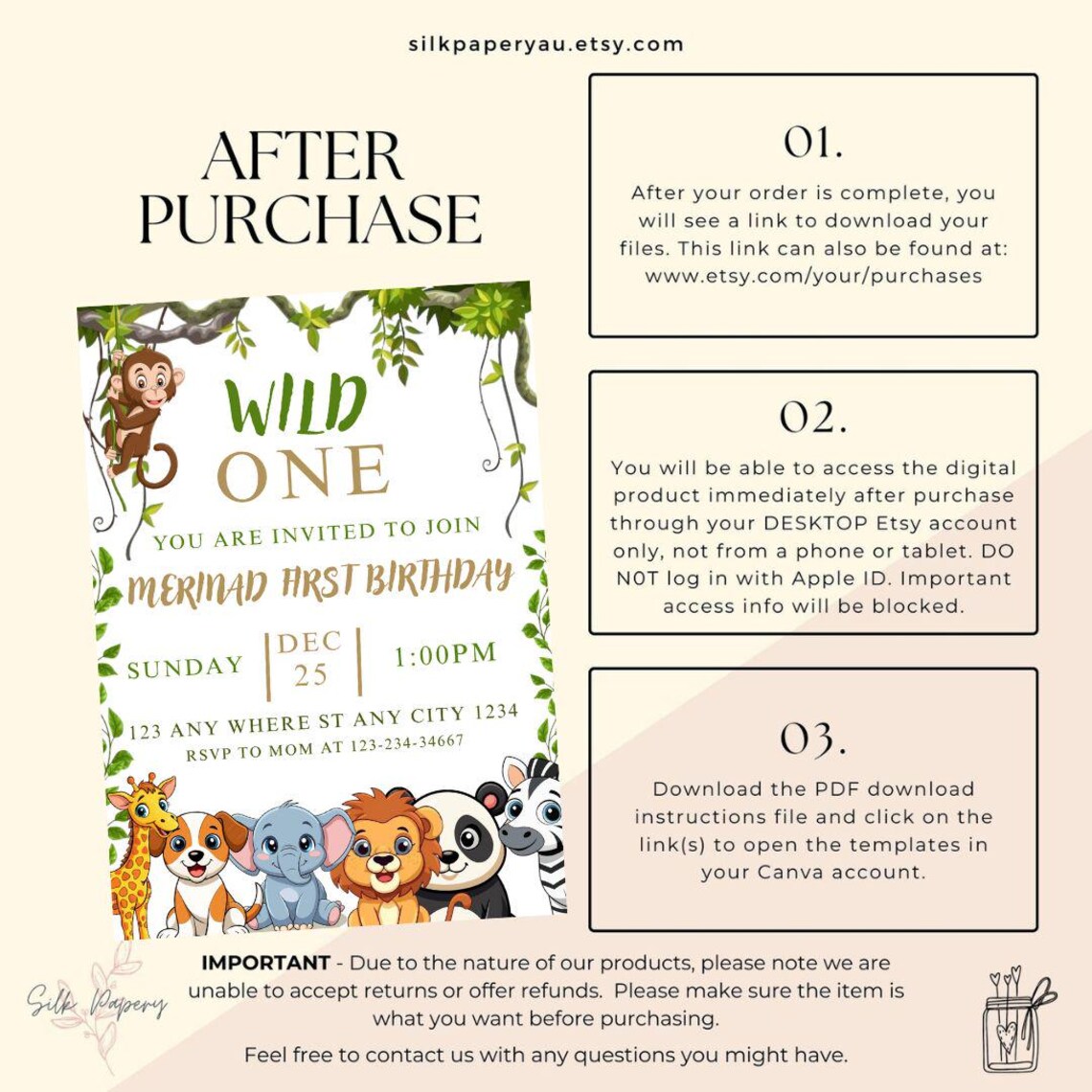 Editable Safari First Birthday Invitation Jungle Animal Wild One Party ...