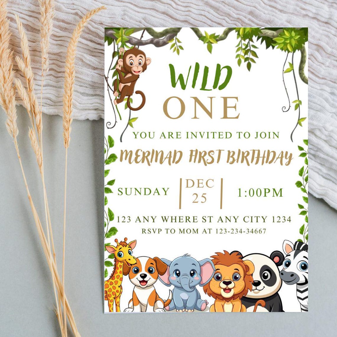Editable Safari First Birthday Invitation Jungle Animal Wild One Party ...
