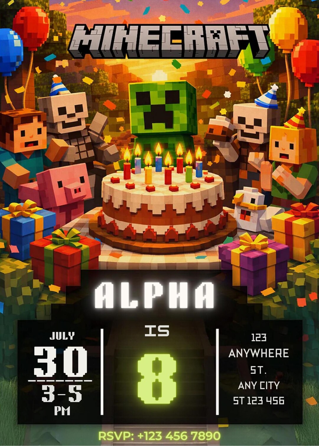 Editable Pixel Block Gamer Birthday Invitation Template Kids Gaming ...