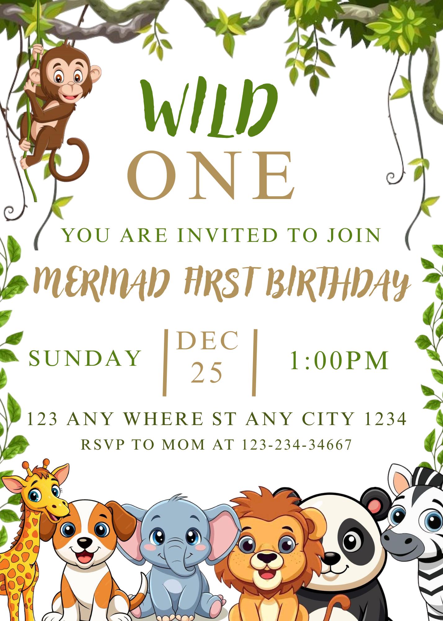Editable Safari First Birthday Invitation Jungle Animal Wild One Party ...