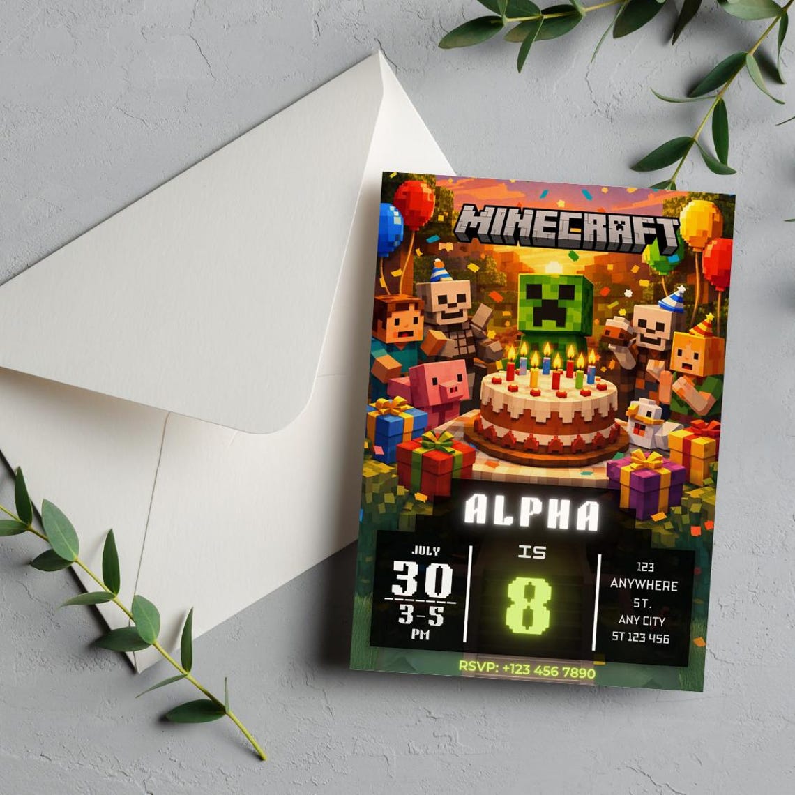 Editable Pixel Block Gamer Birthday Invitation Template Kids Gaming ...