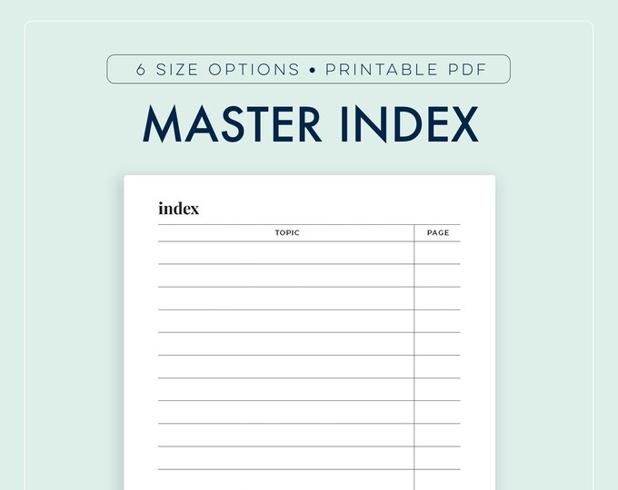 Master Index Printable, Bullet Journal Index, Index Page, Table of ...