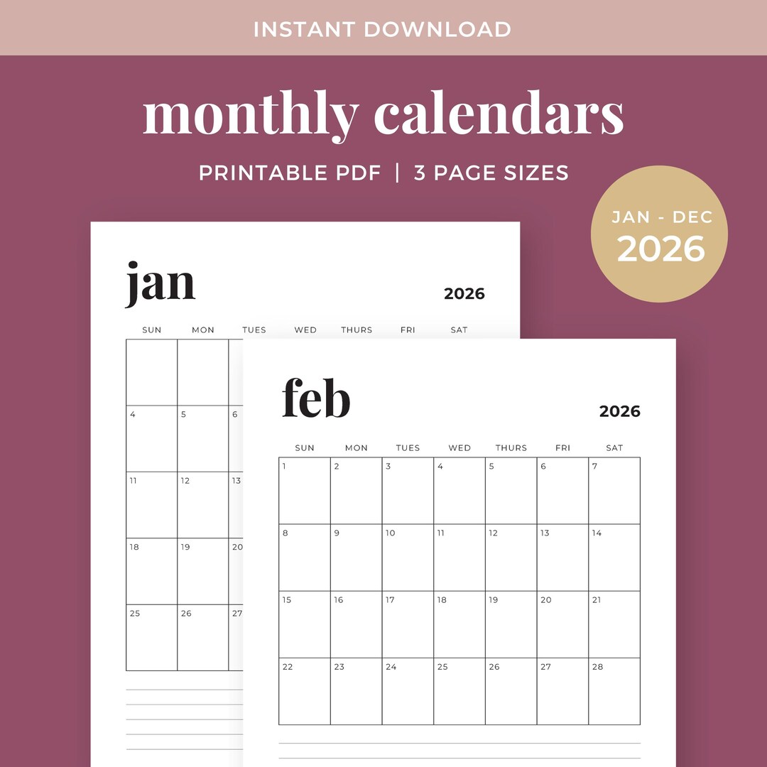 2026 Portrait Monthly Calendars, Printable Calendar Template ...