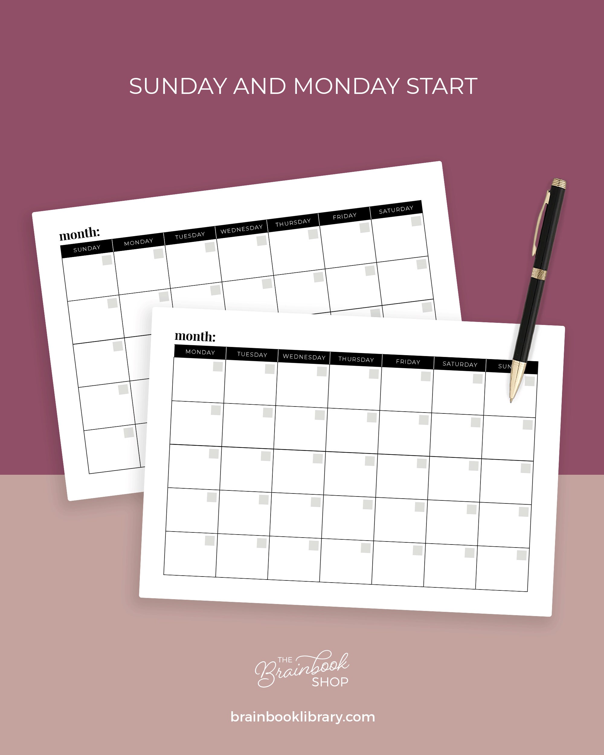 Monthly Calendar, Undated, Sunday Start, Monday Start, Landscape ...