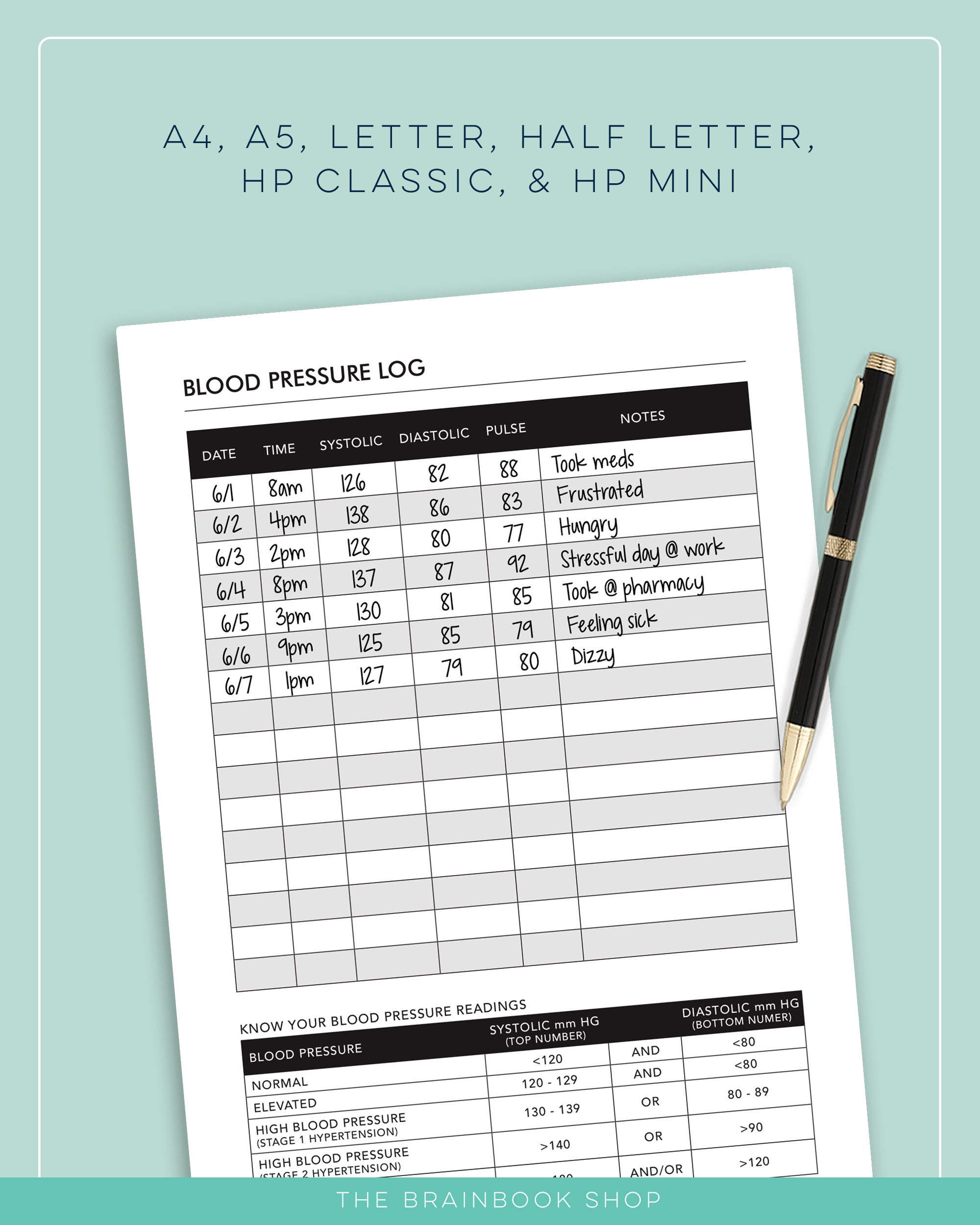 Blood Pressure Tracker, Printable Blood Pressure Log, Blood Pressure ...