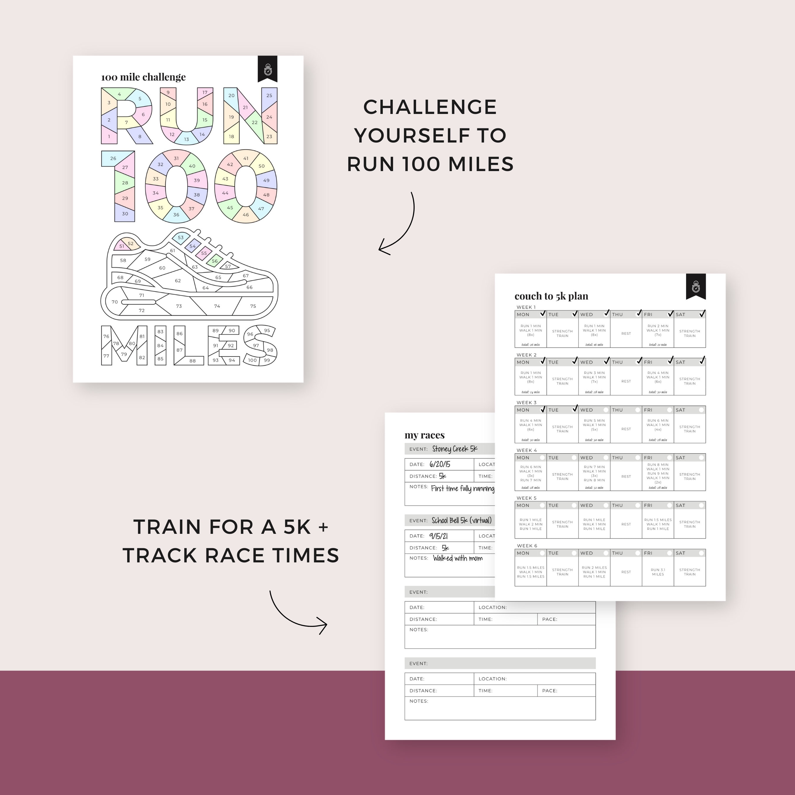 Running Tracker Kit, Fitness Planner, Couch to 5K Plan, Race Log ...