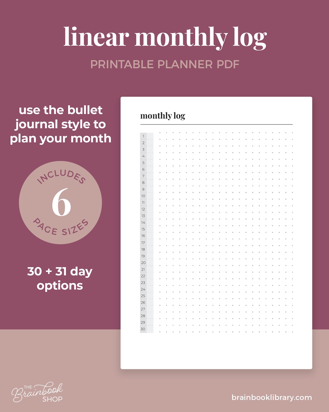 Bullet Journal Monthly Log, Linear Calendar Printable, Bujo Pages || A4 ...