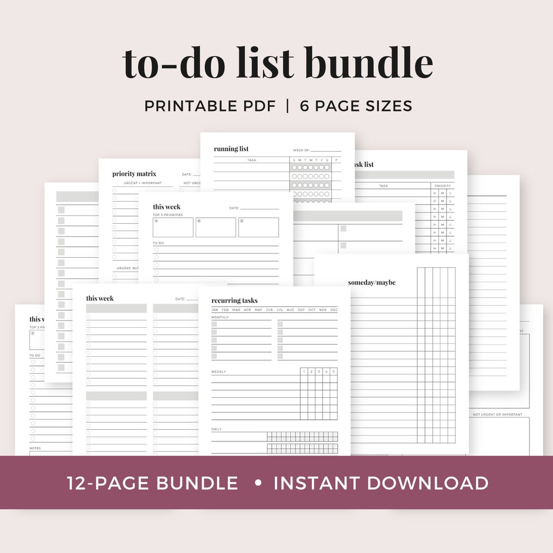 To Do List Printable + Digital Bundle, PDF Checklists, Weekly Task List ...