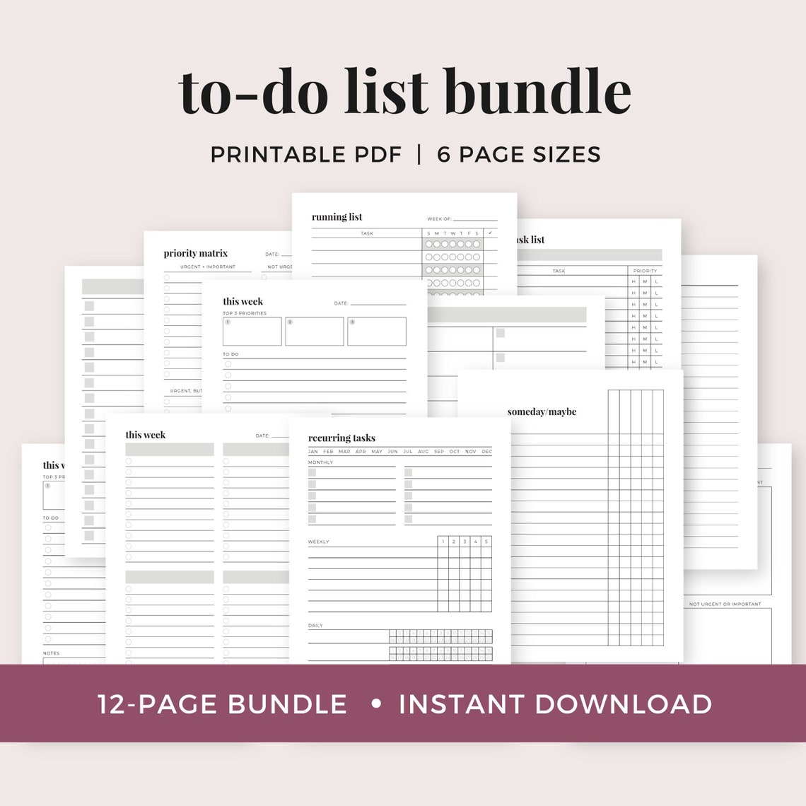 To Do List Printable Digital Bundle, PDF Checklists, Weekly Task List ...