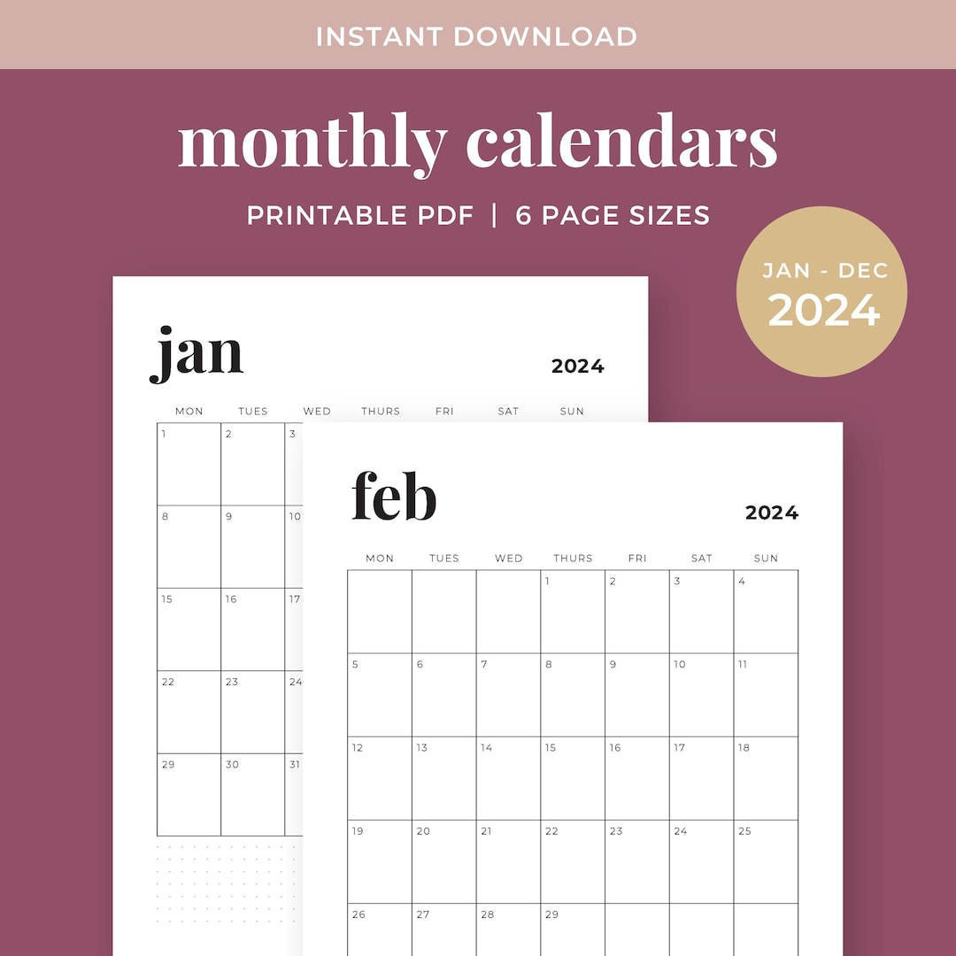 2024 Portrait Monthly Calendars, Printable Calendar Template ...