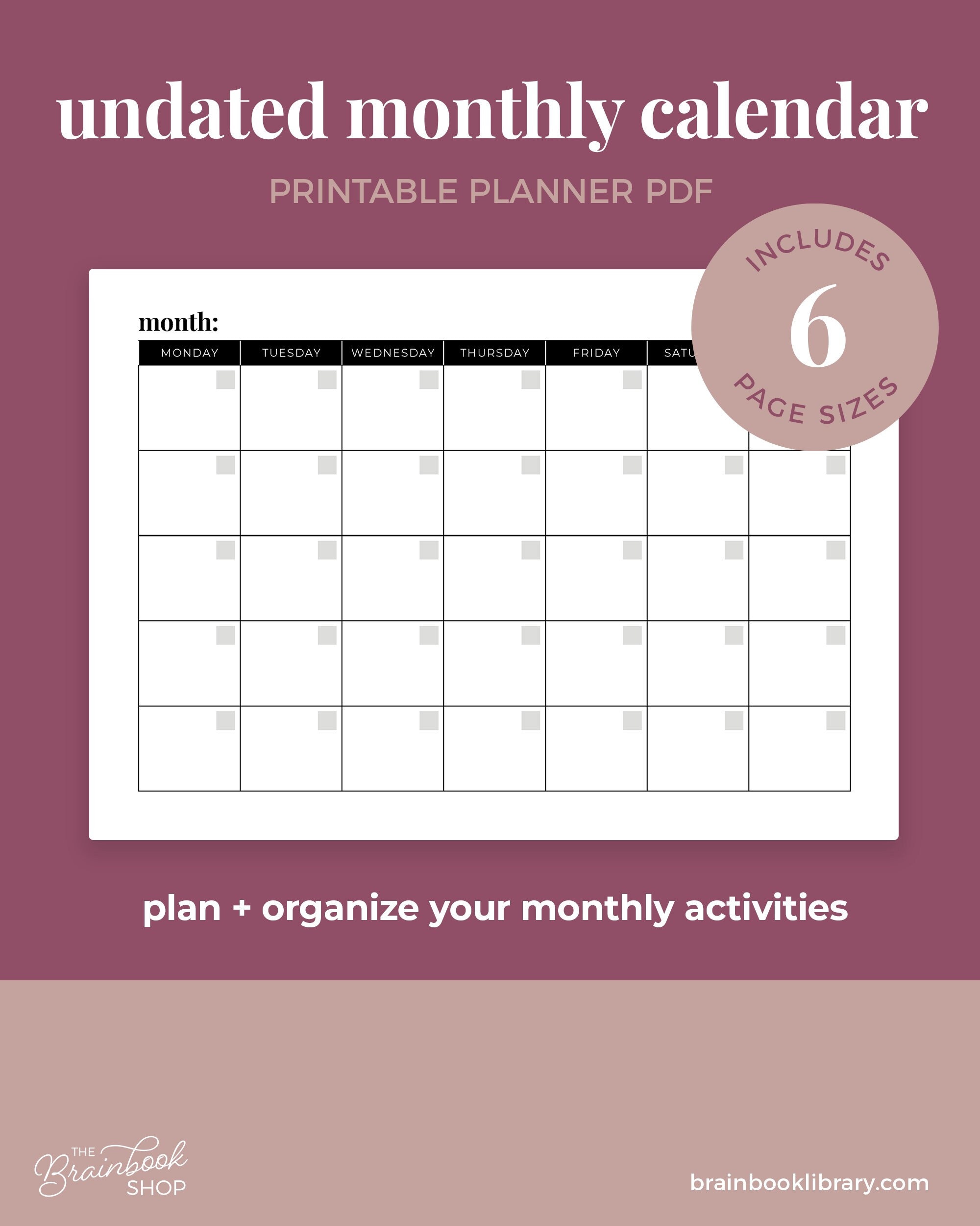 Monthly Calendar, Undated, Sunday Start, Monday Start, Landscape ...