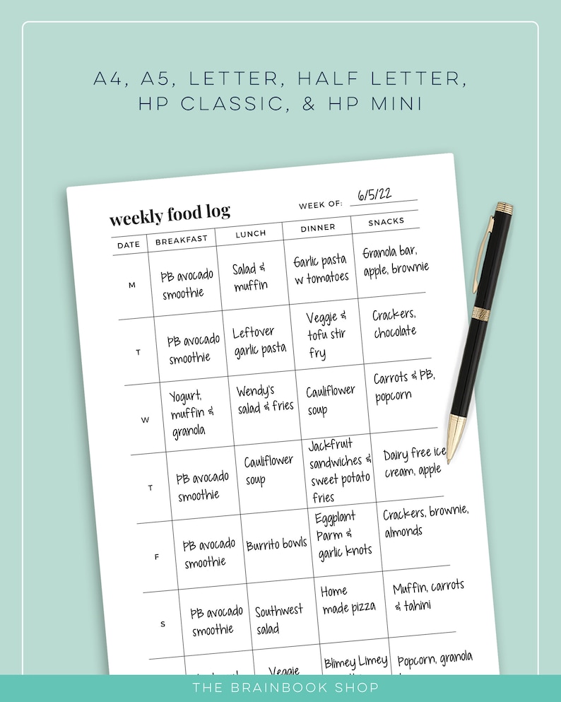 Weekly Food Log, Food Diary, Food Journal, Food Tracker Printable || A4 ...