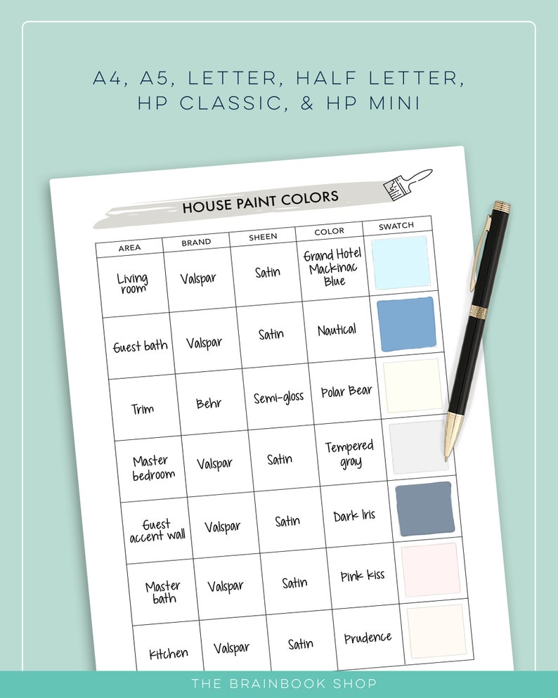 House Paint Swatch and Color Tracker || A4 / A5 / Letter / Half Letter ...