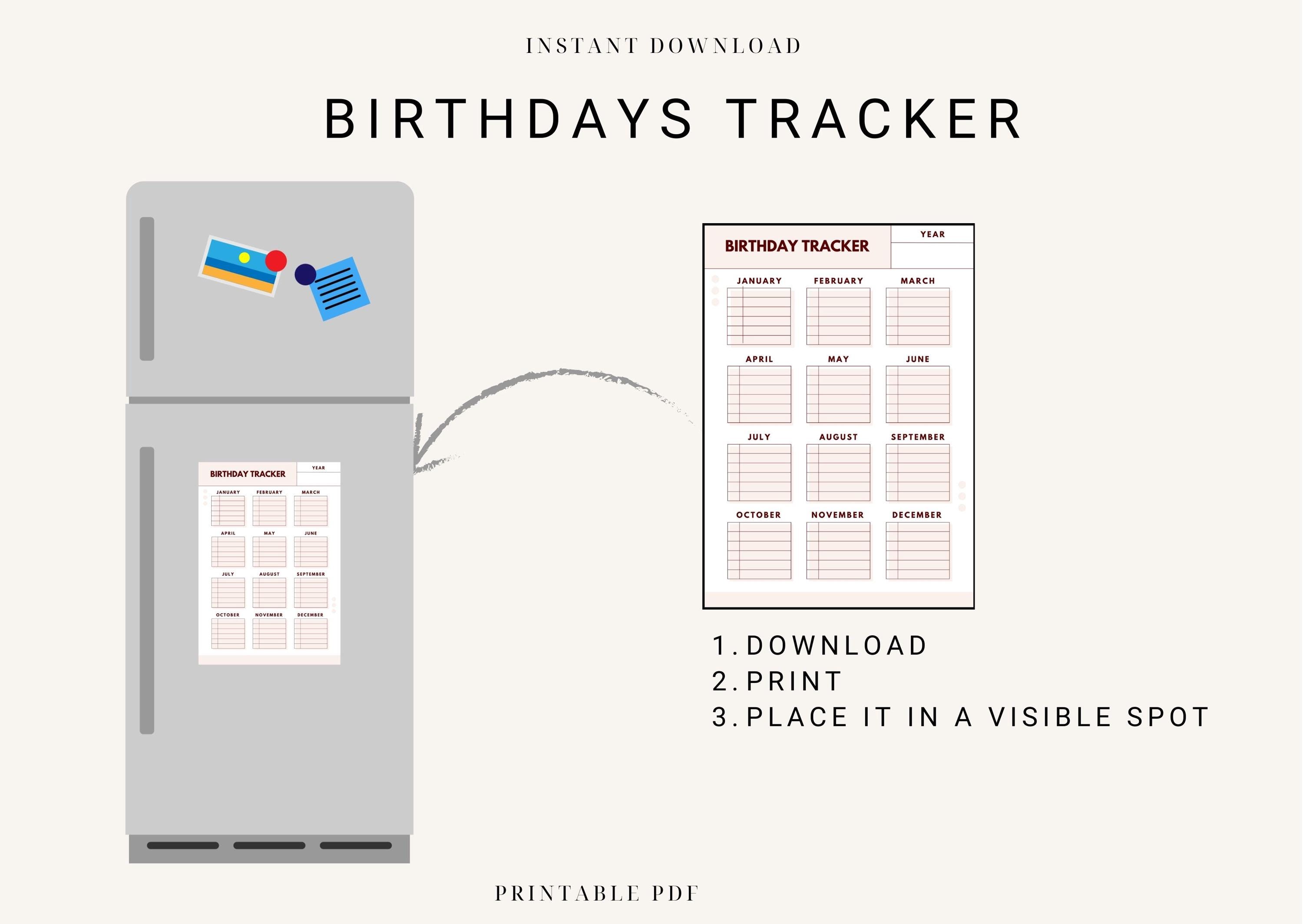 Birthday Tracker Printable, Birthday Calendar, Birthday Reminder ...