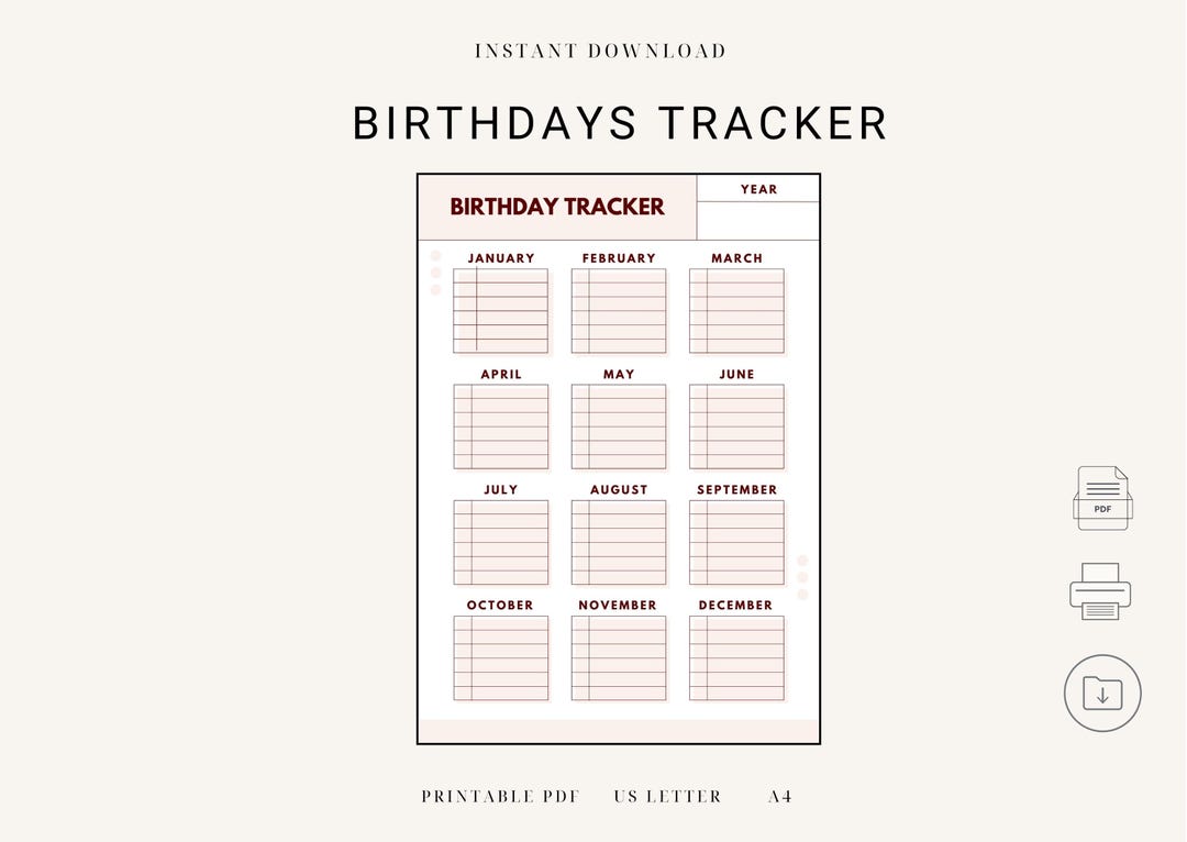 Birthday Tracker Printable, Birthday Calendar, Birthday Reminder ...