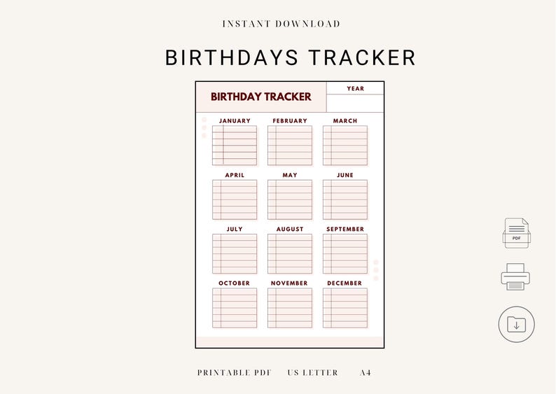 Birthday Tracker Printable, Birthday Calendar, Birthday Reminder ...