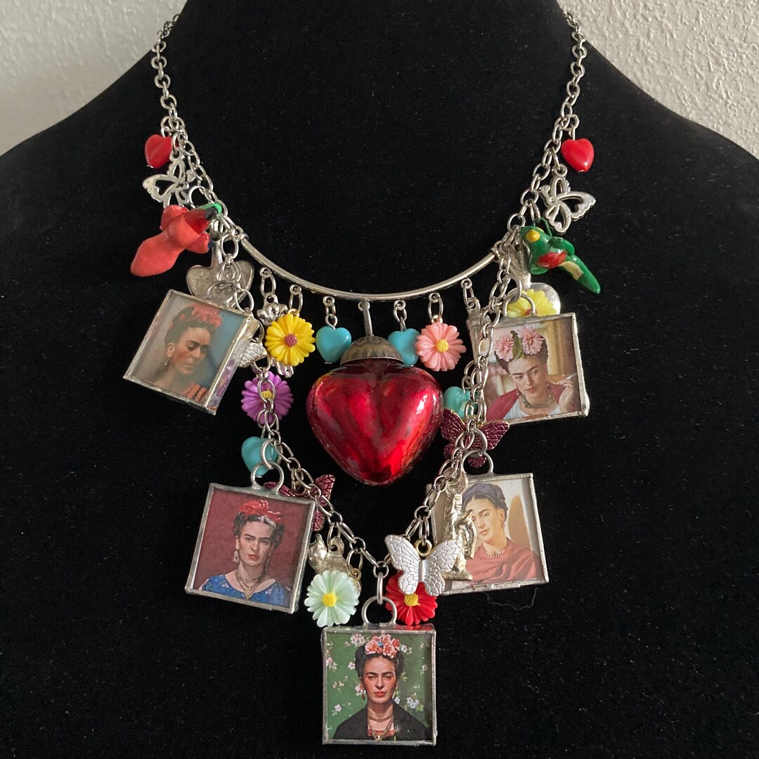 Frida Kahlo Charm Necklace. Frida Photo Charms, Flowers, Parrots ...
