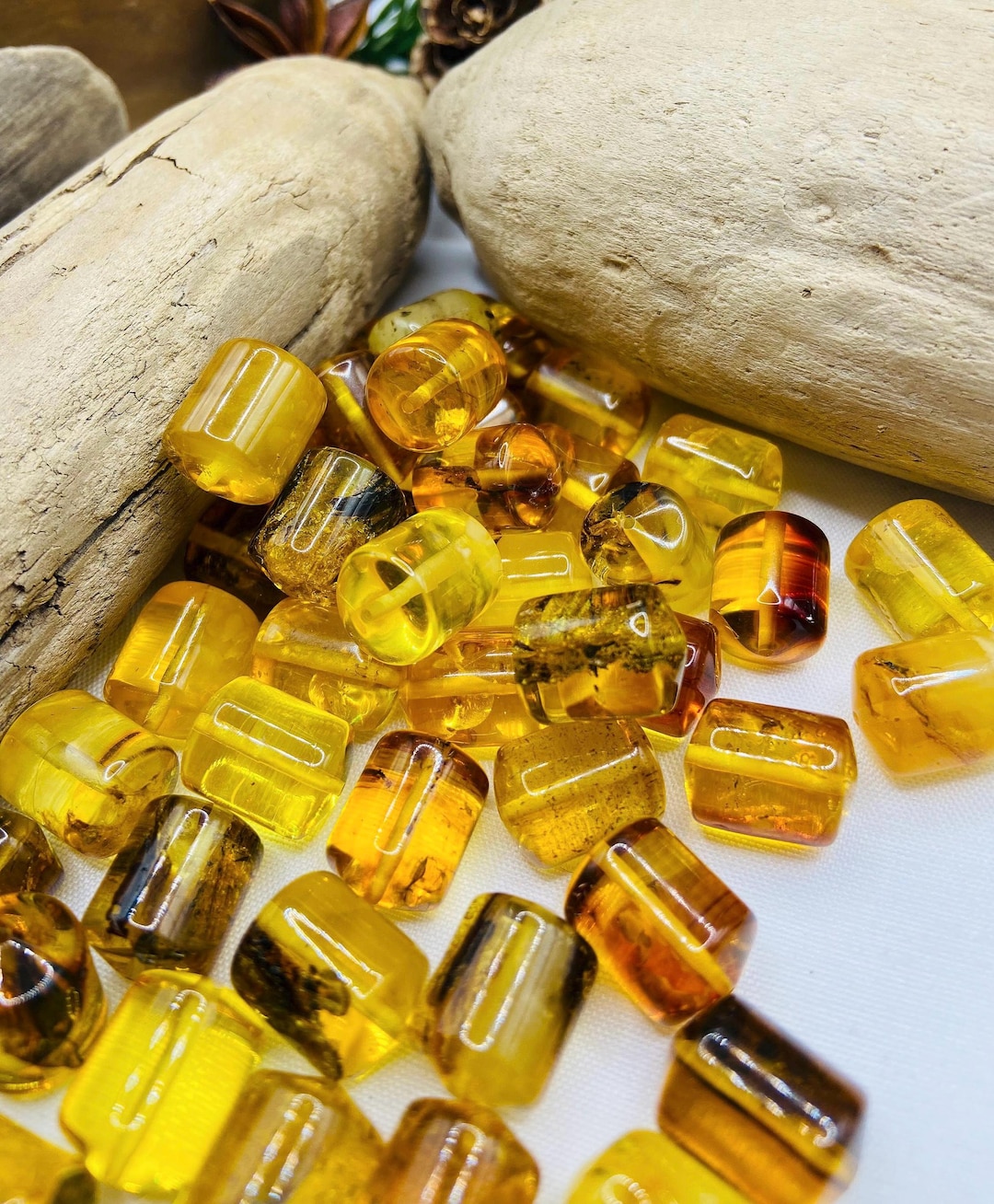 Barrel Amber Loose Beads 13mm Length, Real&unique Inclusion Gems - Etsy