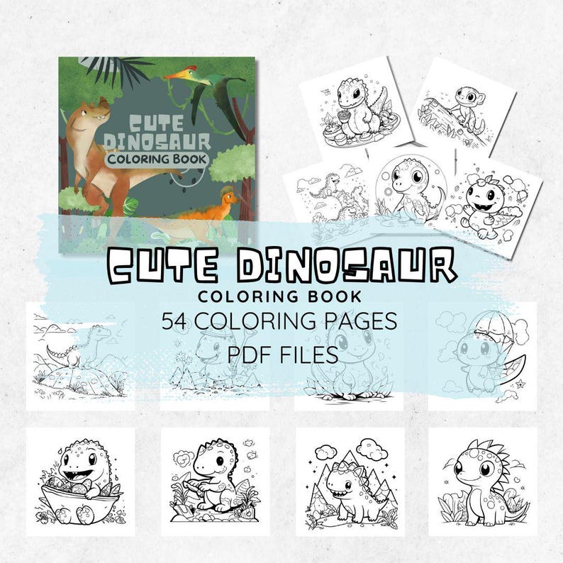 Cute Dinosaur Coloring Book | Digital Download | 54 Pages of Fun - Etsy