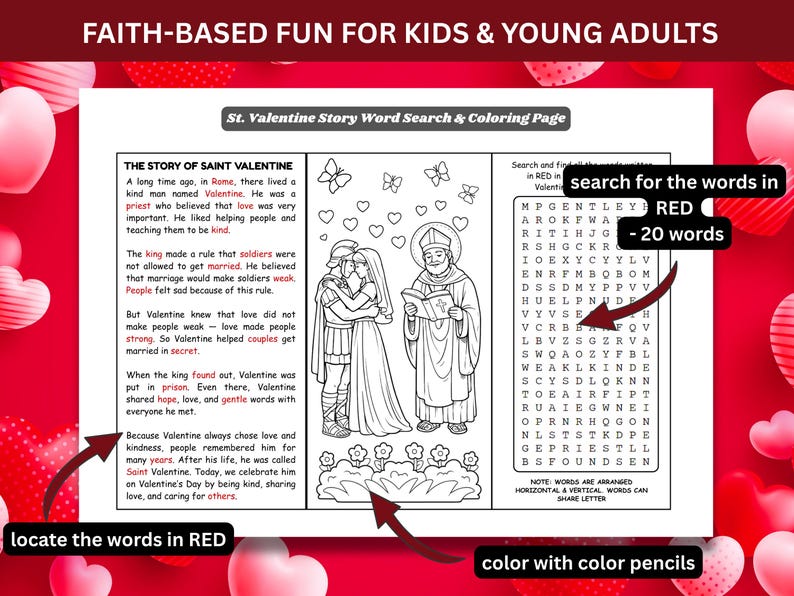 Saint Valentine Story Coloring and Word Search Pages: Catholic Kids ...