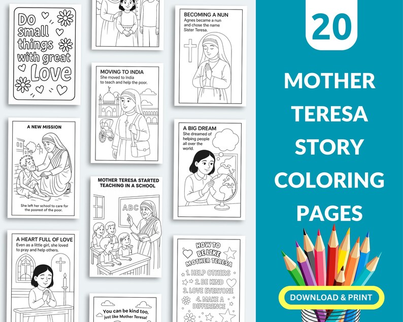 Mother Teresa Coloring Pages: Christian Kids Activity (PDF Download - Etsy