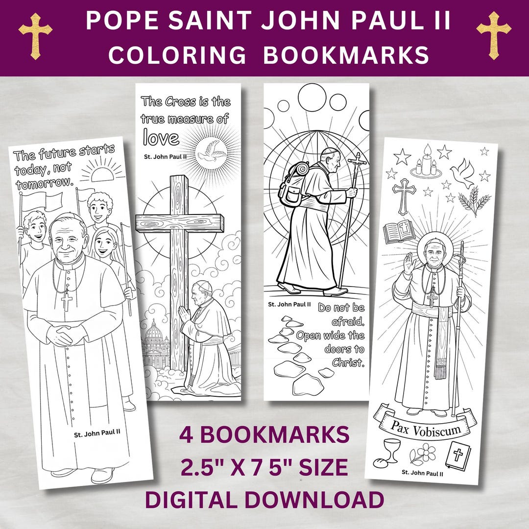 Pope Saint John Paul the Second Coloring Bookmarks PNG: Christian Gift ...